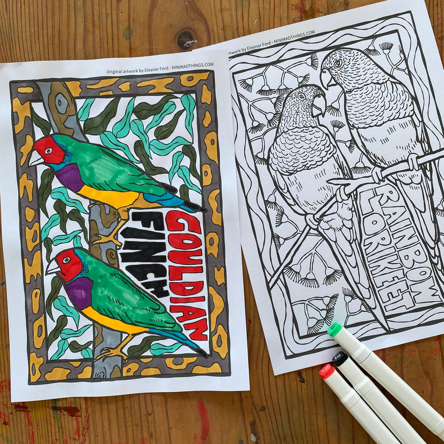 Australian native birds - Colouring in sheets - Mini Mad Things