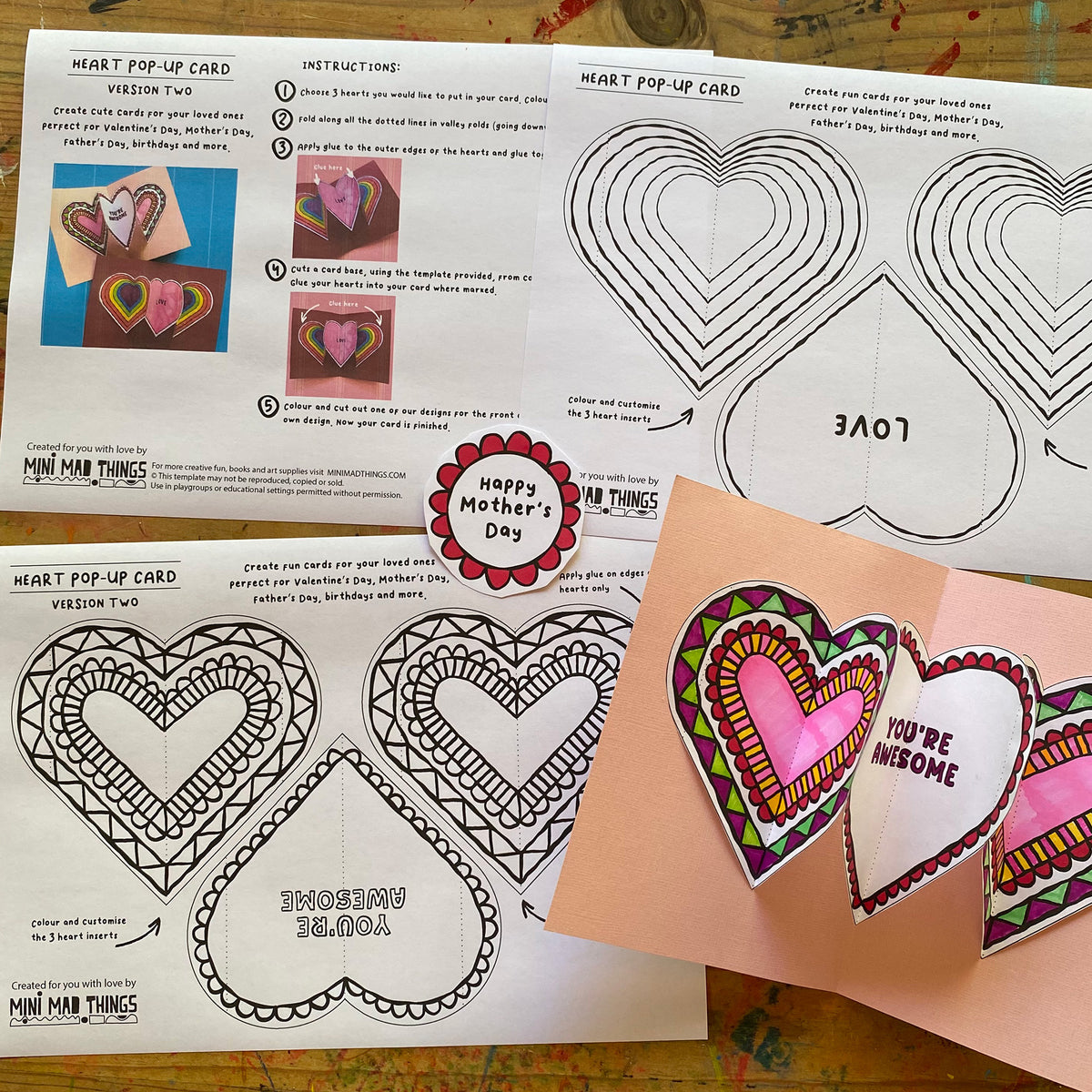 Hearts Pop Up Cards - Printable templates - Mini Mad Things